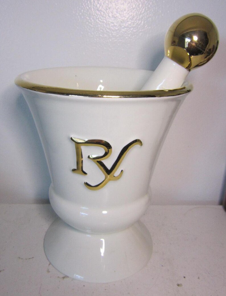Vintage Gold and White Porcelain Mortar and Pestle Display ~ Owens ...