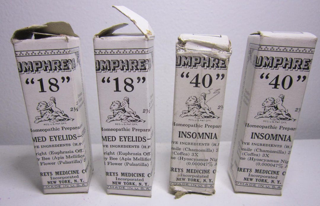 Set of 4 HUMPHREYS Homeopathic Remedies Apothecary Pharmacy Bottles ...