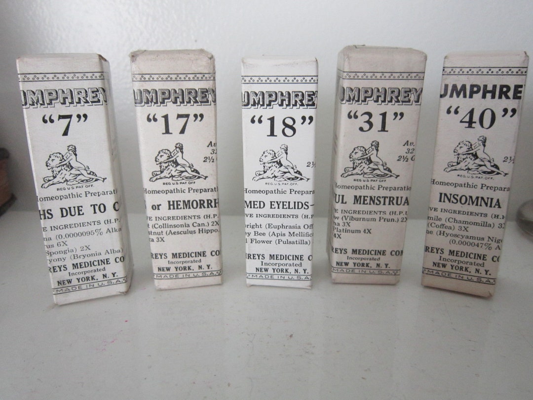 NOS Set of 5 HUMPHREYS Homeopathic Remedies Apothecary Pharmacy Bottles ...