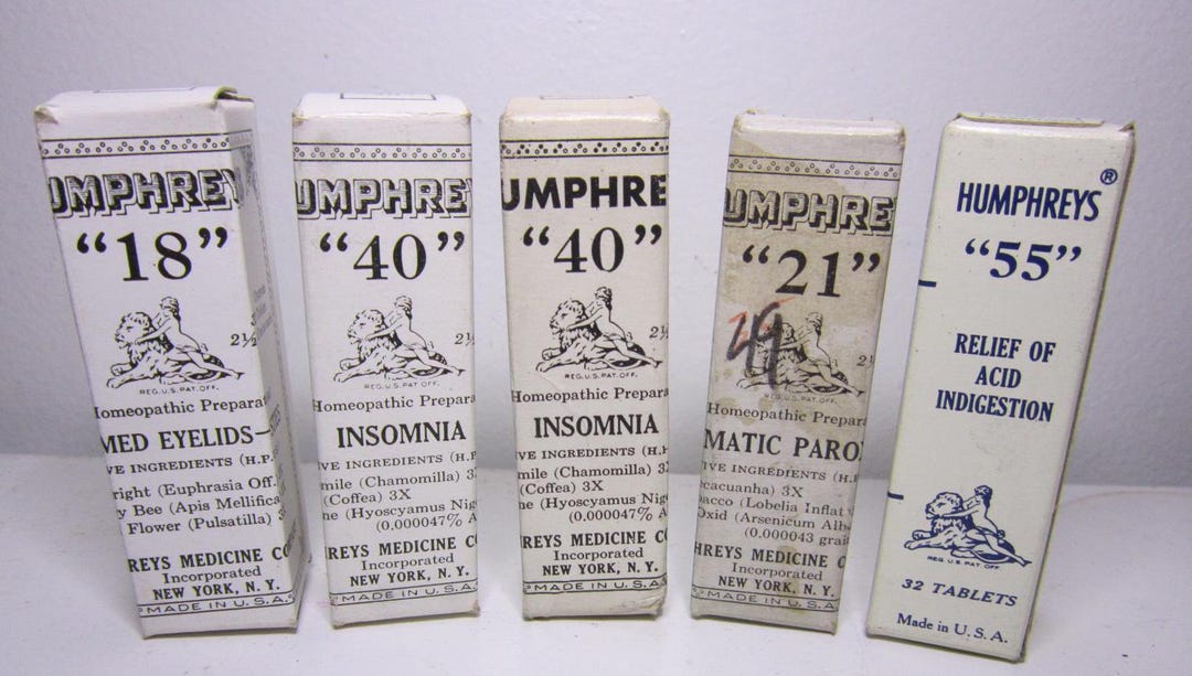 NOS Set of 5 HUMPHREYS Homeopathic Remedies Apothecary Pharmacy Bottles ...