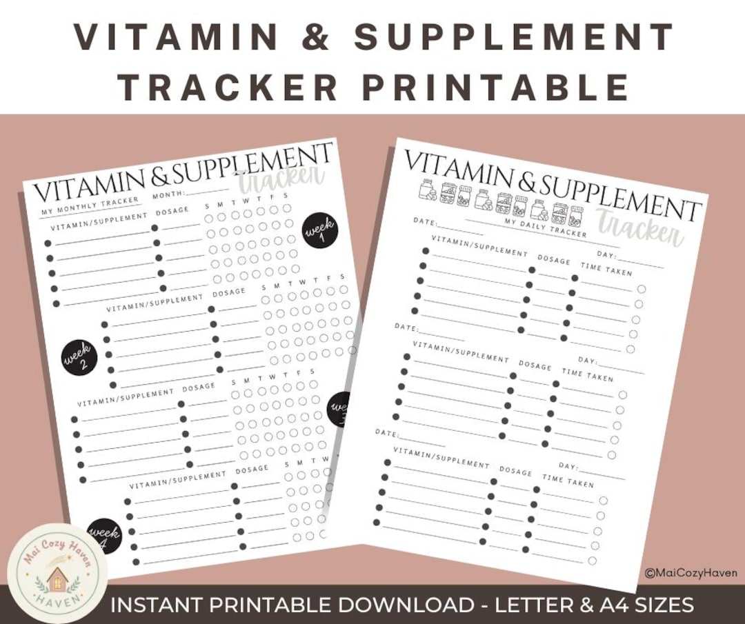 Daily Weekly Vitamin Tracker Printable, Supplement Checklist PDF ...