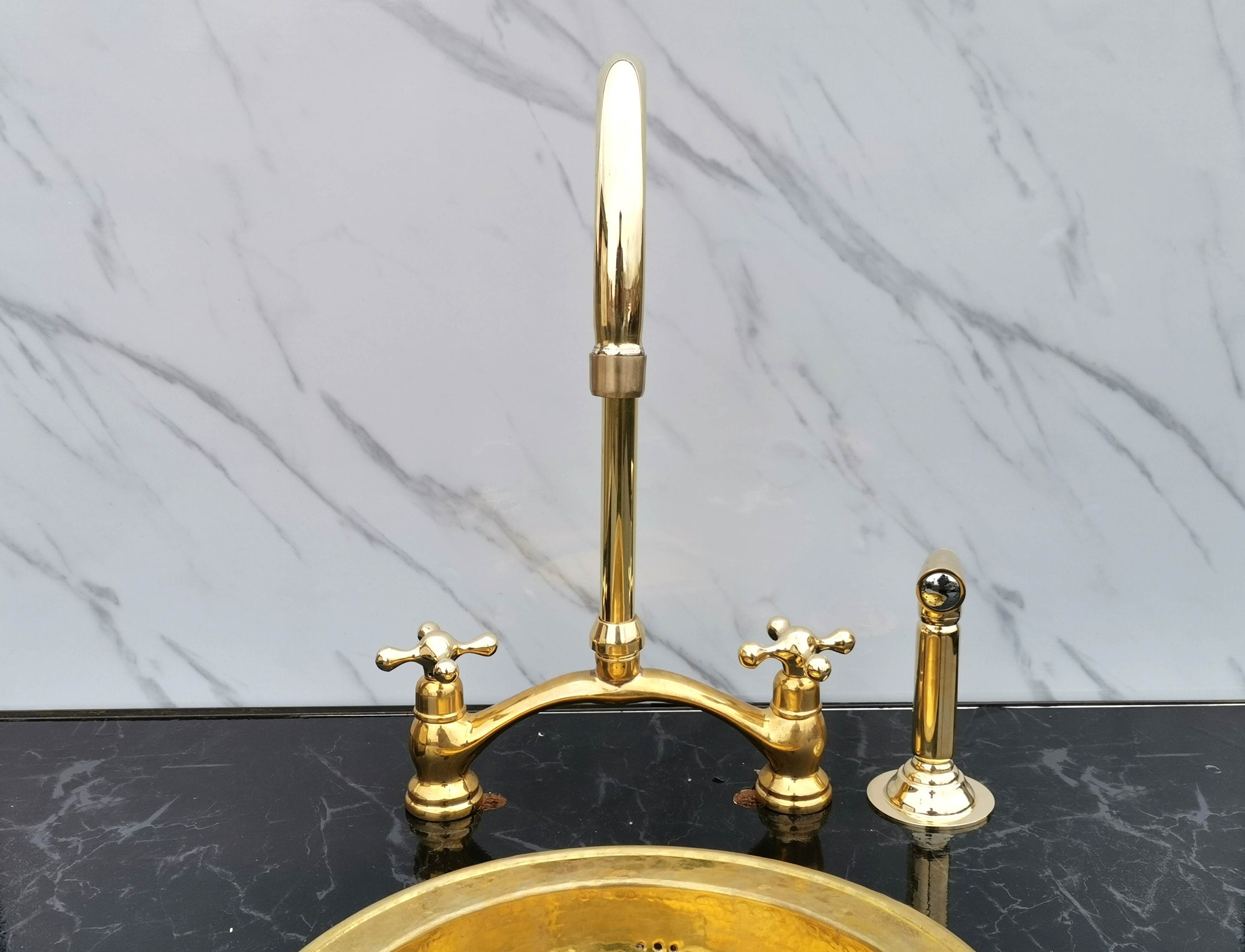 Unlacquered Brass Kitchen Bridge Faucet With Side Sprayer and Simple ...