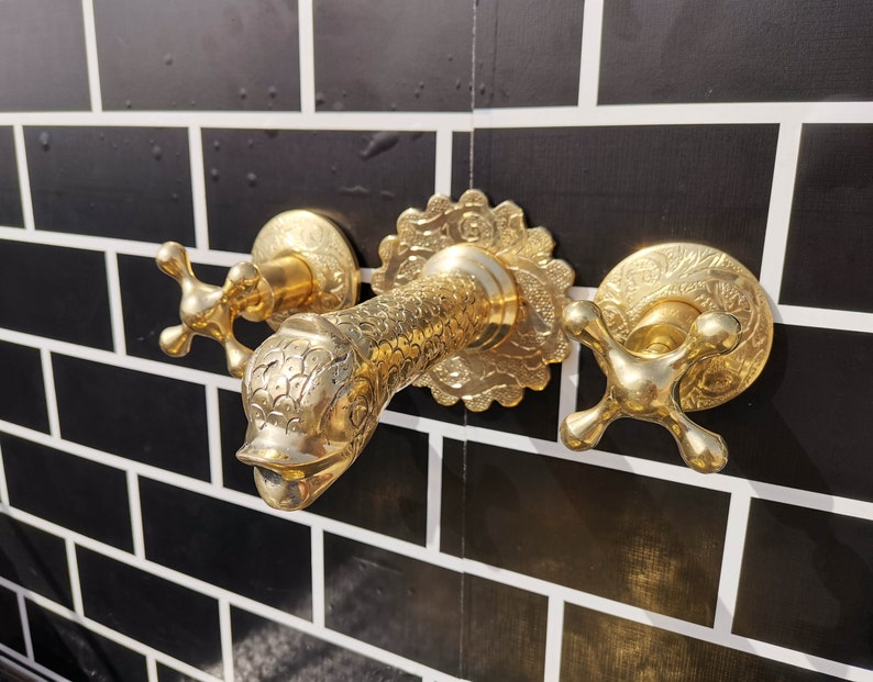 Handmade Solid Brass Fish Faucet – Moroccan Wall Mount Bathroom Sink ...