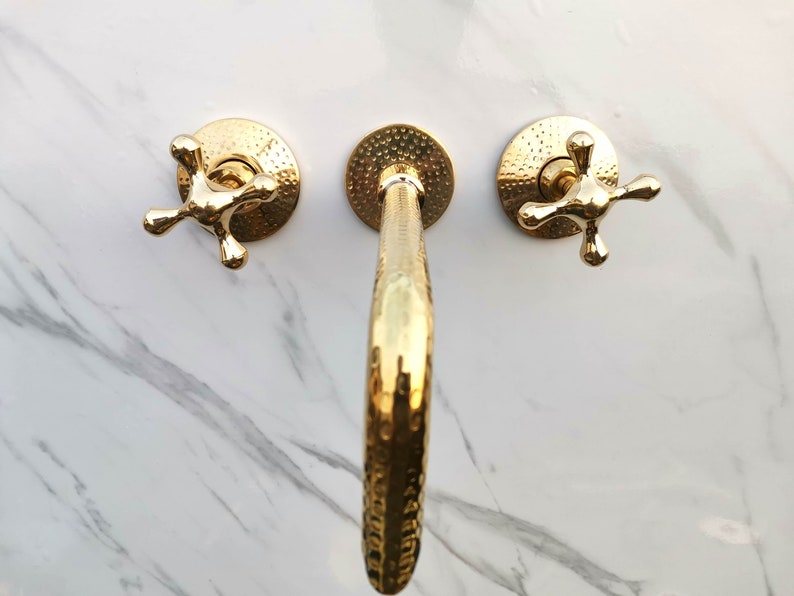 Hammered Brass Wall Mounted Faucet for Bathroom, Unlacuered Brass ...