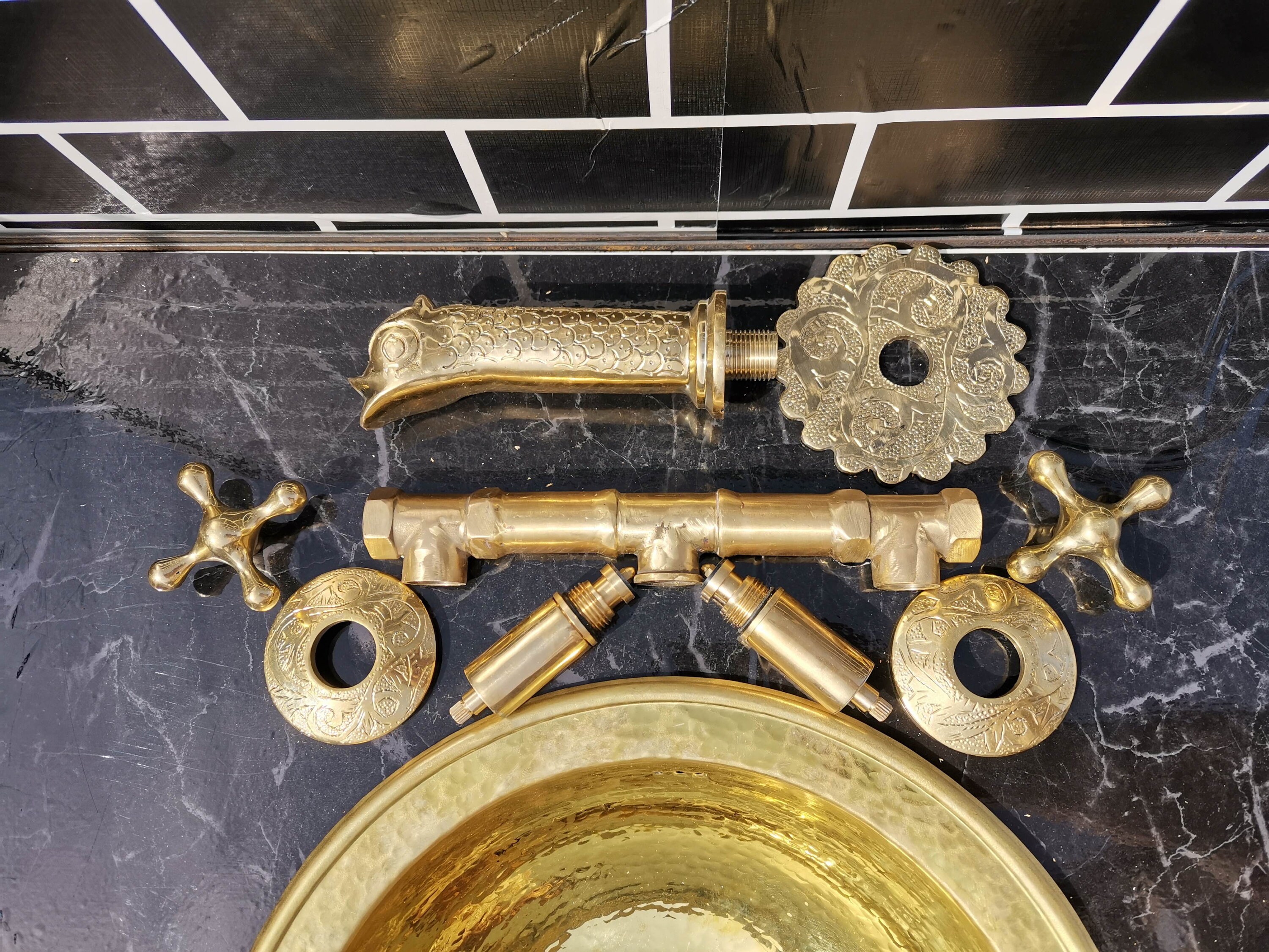 Handmade Solid Brass Fish Faucet – Moroccan Wall Mount Bathroom Sink ...