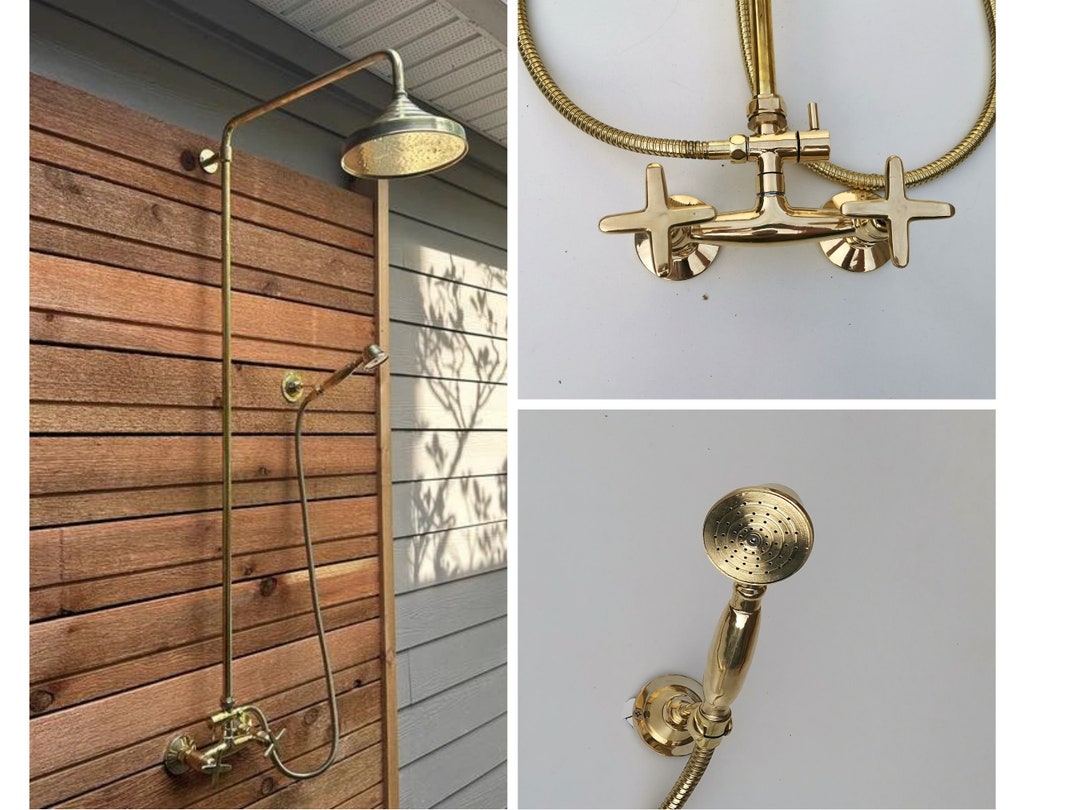 Outdoor Antique Brass Shower System With Hot and Cold Water Exposed ...