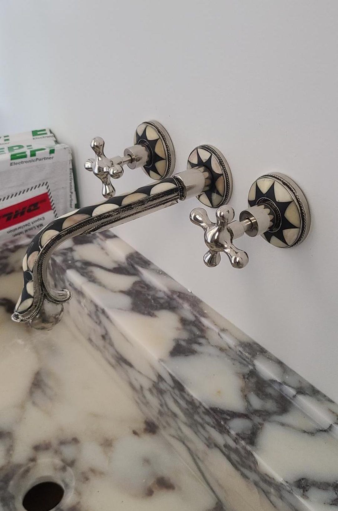 Handmade Brass Wall Mount Faucet: Resin Bone Inlay, Vintage Gold Finish ...