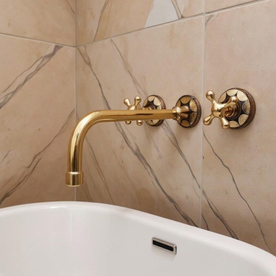 Handmade Unlacquered Brass Wall Mount Bathroom Faucet With Resin Inlay ...