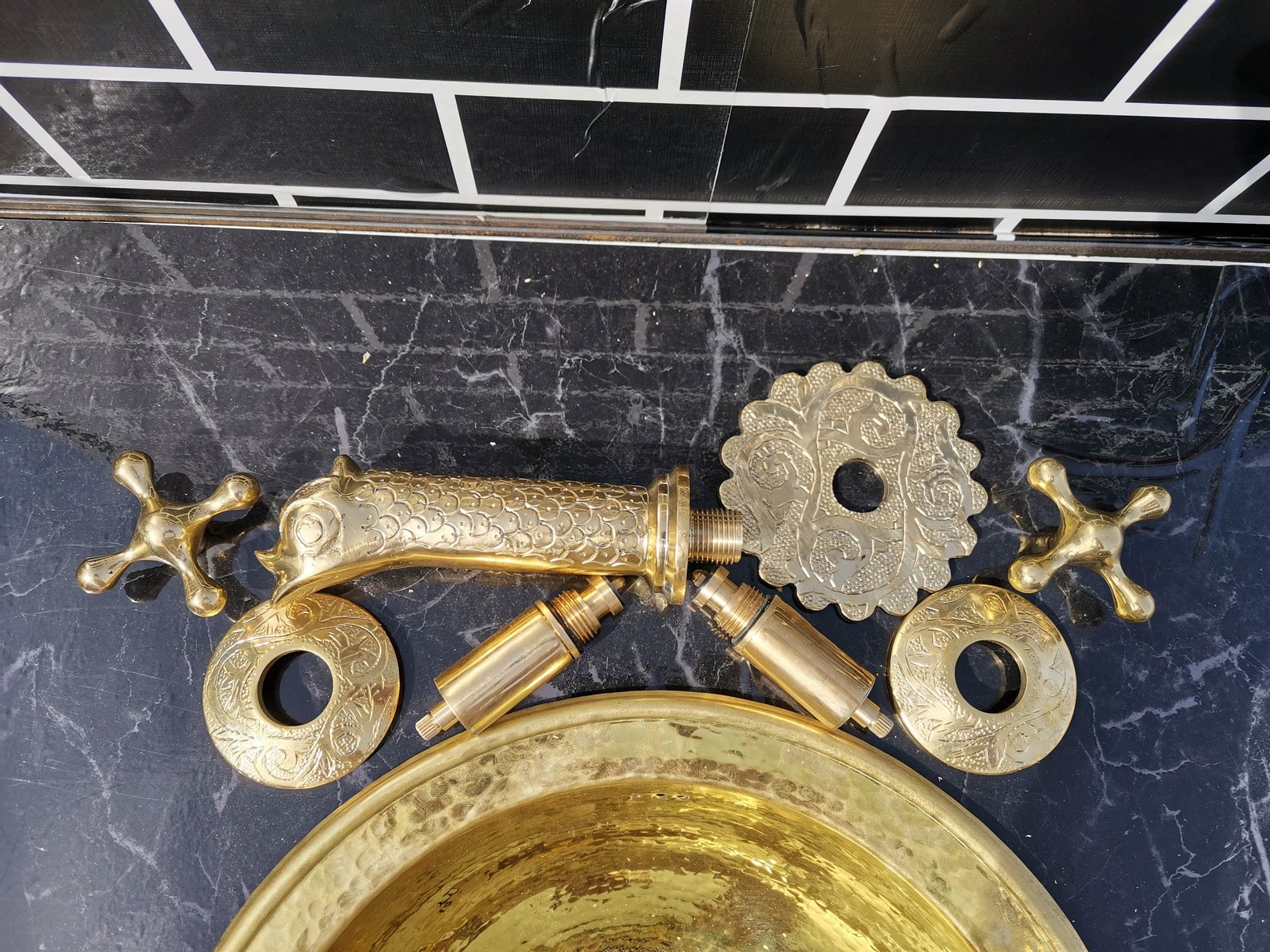 Handmade Solid Brass Fish Faucet – Moroccan Wall Mount Bathroom Sink ...
