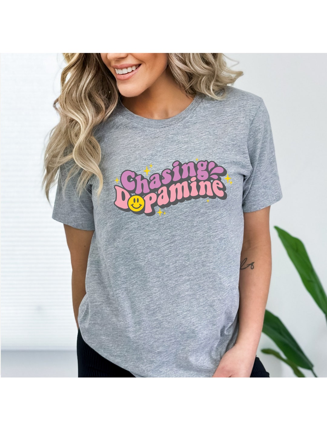Chasing Dopamine Smiley Face Womens Graphic Tee, Funny Mental Health ...