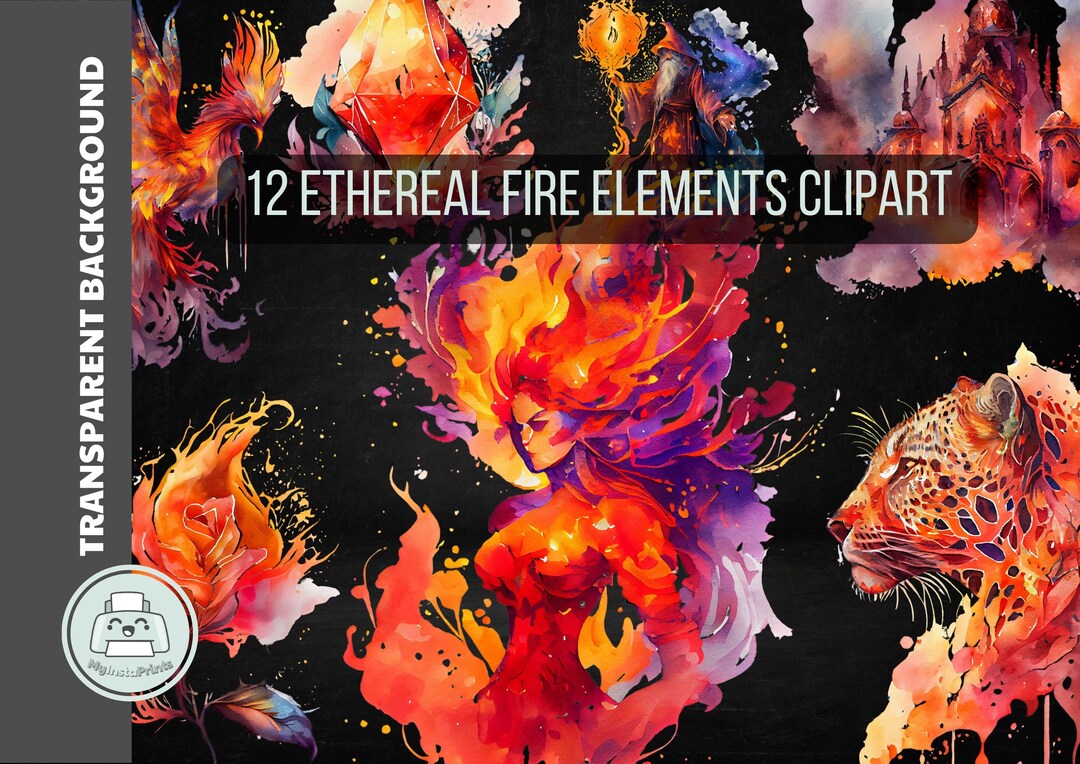 Fire Ethereal Elements Illustrated Watercolor Clipart Bundle Mythical ...