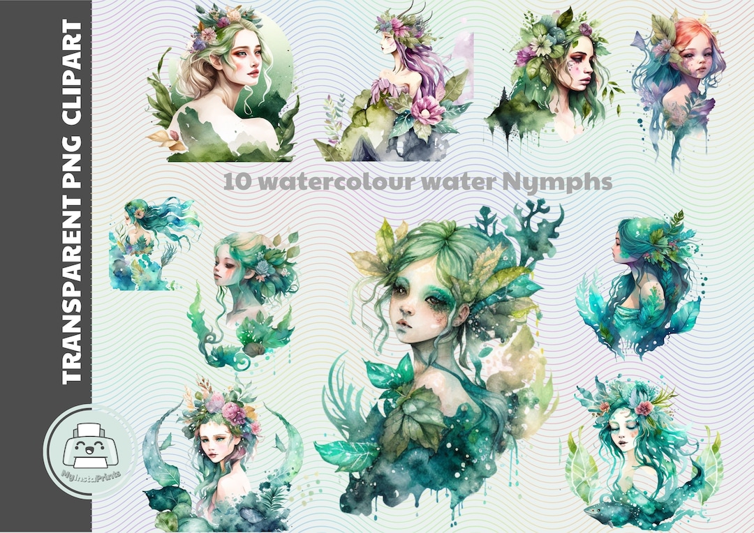 Ethereal Nymphs: Hand-painted Watercolor Clipart Bundle of Mythical ...