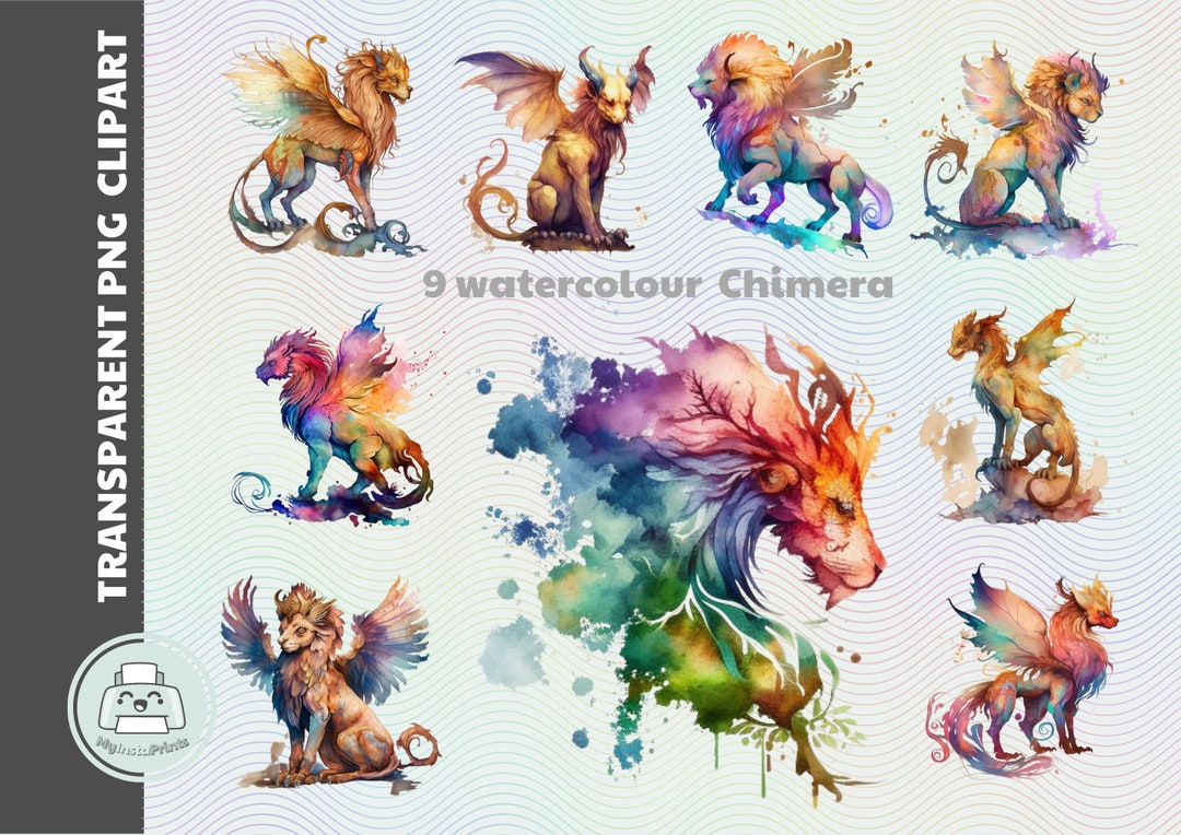 Fierce Chimera: Hand-painted Watercolor Clipart Bundle of Mythical ...