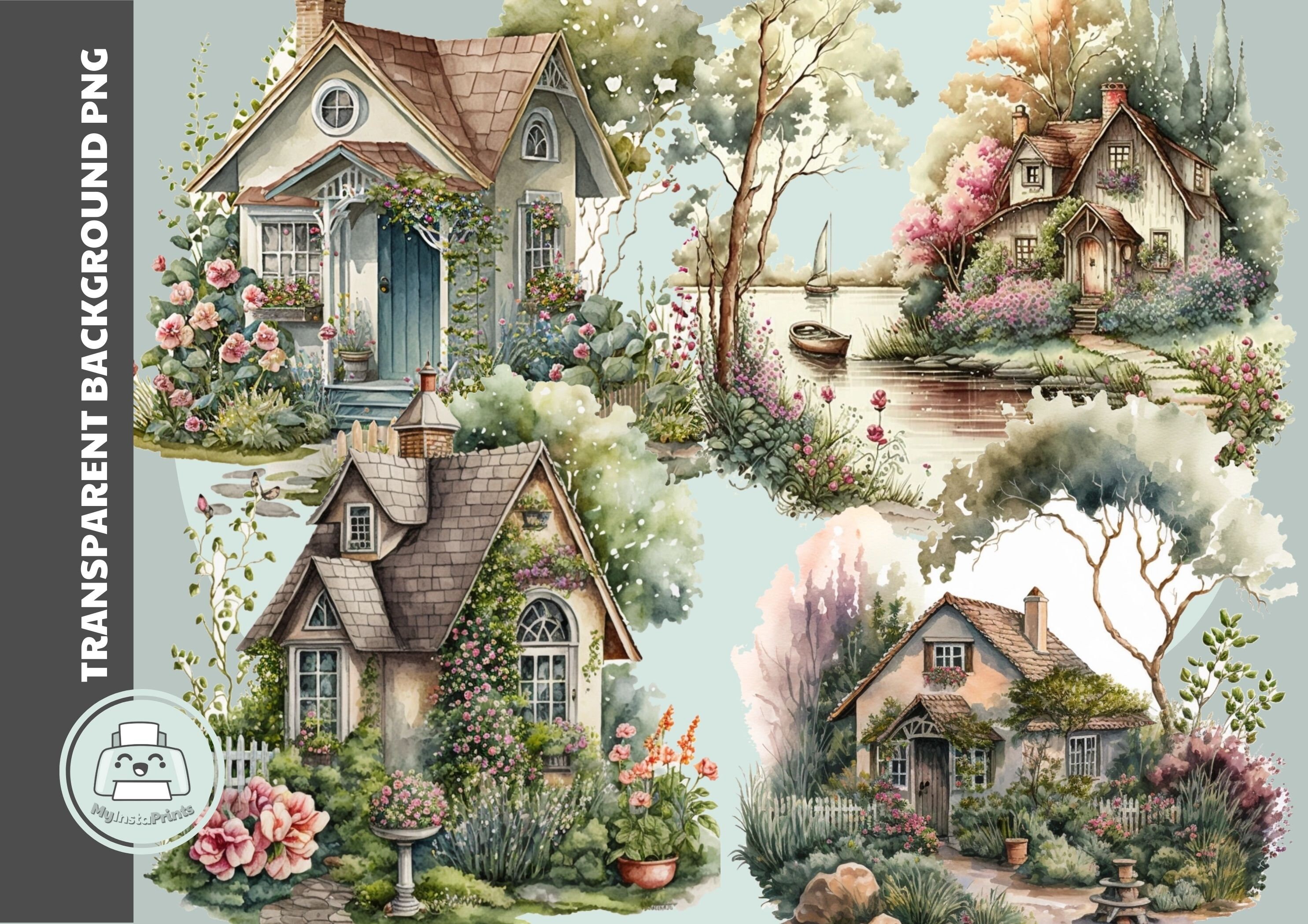 Summer Clipart Watercolor Country Cottage Pritables Png - Etsy