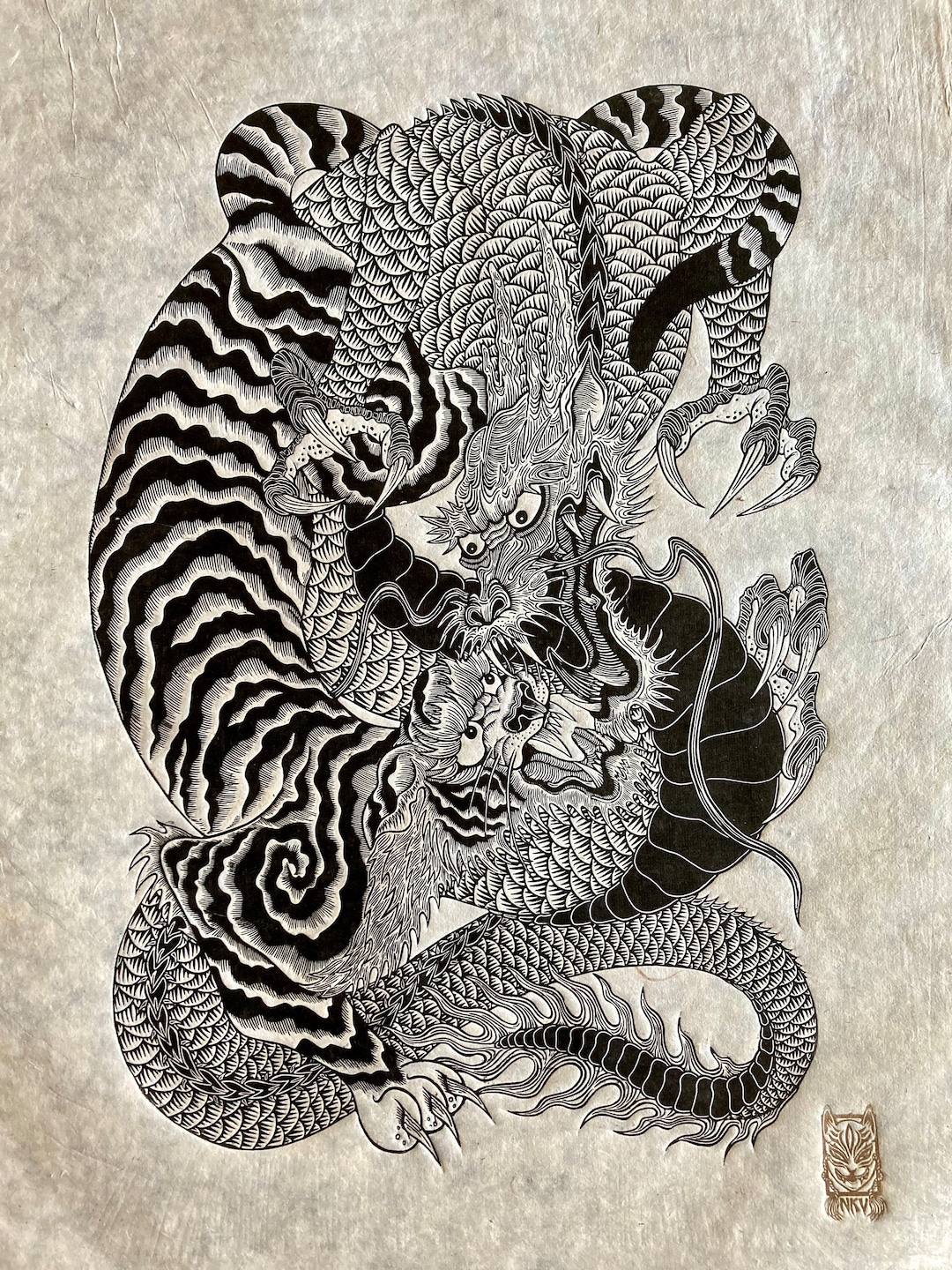 DRAGON VS TIGER Linoprint on Himalayan Takshang Paper - Etsy
