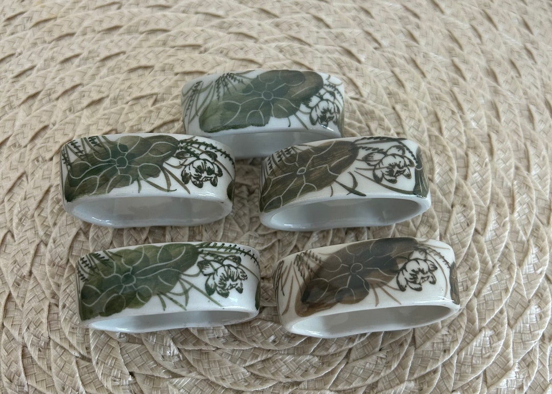 Green Floral Porcelain Napkin Rings, Set of 5, Pretty Table Accents ...