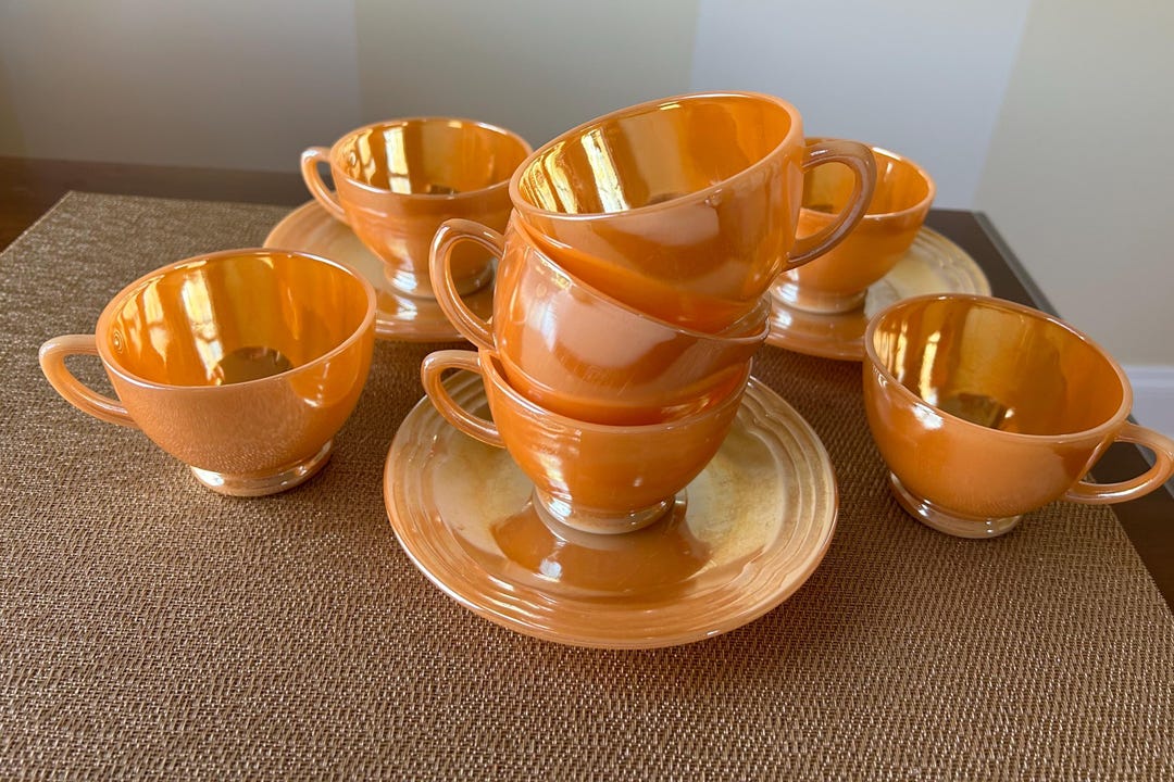 Lusterware Vintage Fire King Three Band Oven Ware Peach Luster Saucers, and Unmarked Cups ...
