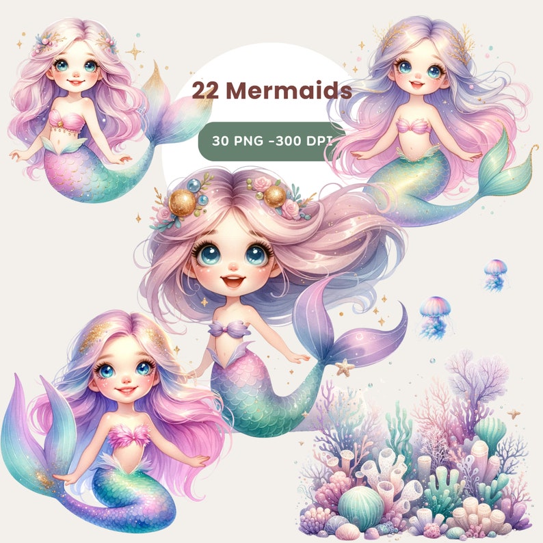 Watercolor Mermaid Clipart Bundle, Mermaid Clip Art Set, Cute Mermaids PNG, Cute Sea Animals ...