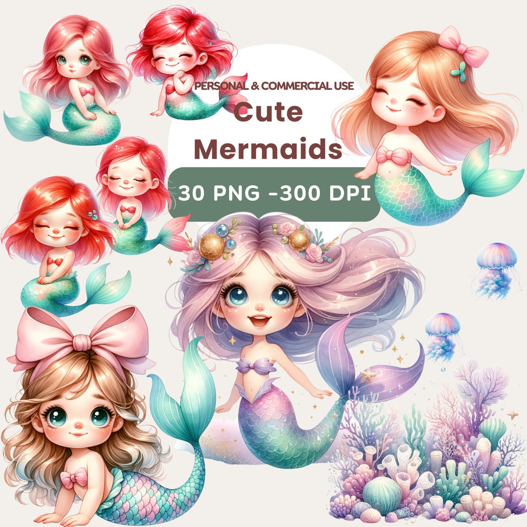 Watercolor Mermaid Clipart Bundle, Mermaid Clip Art Set, Cute Mermaids ...