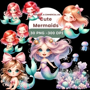 Watercolor Mermaid Clipart Bundle, Mermaid Clip Art Set, Cute Mermaids ...