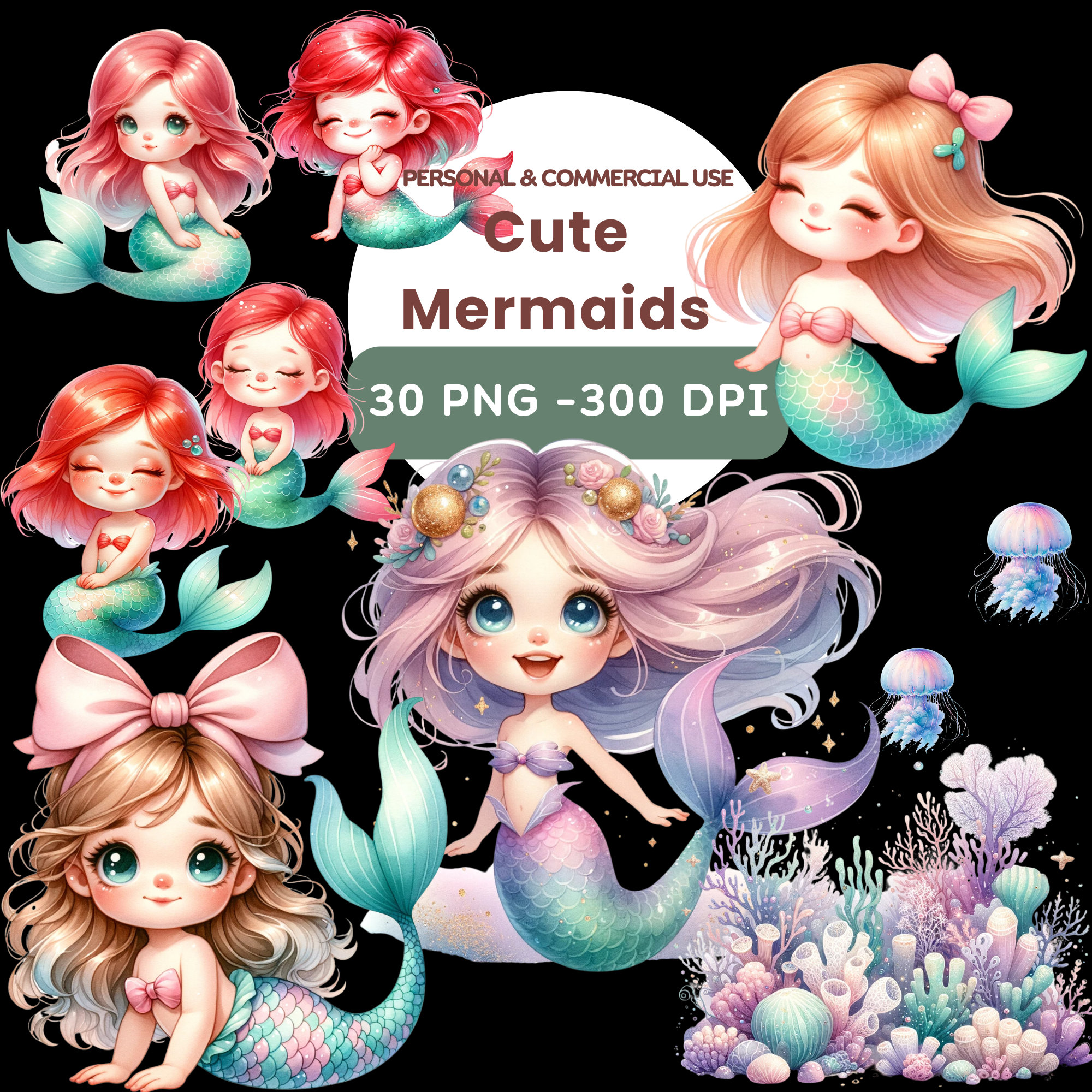 Watercolor Mermaid Clipart Bundle, Mermaid Clip Art Set, Cute Mermaids ...