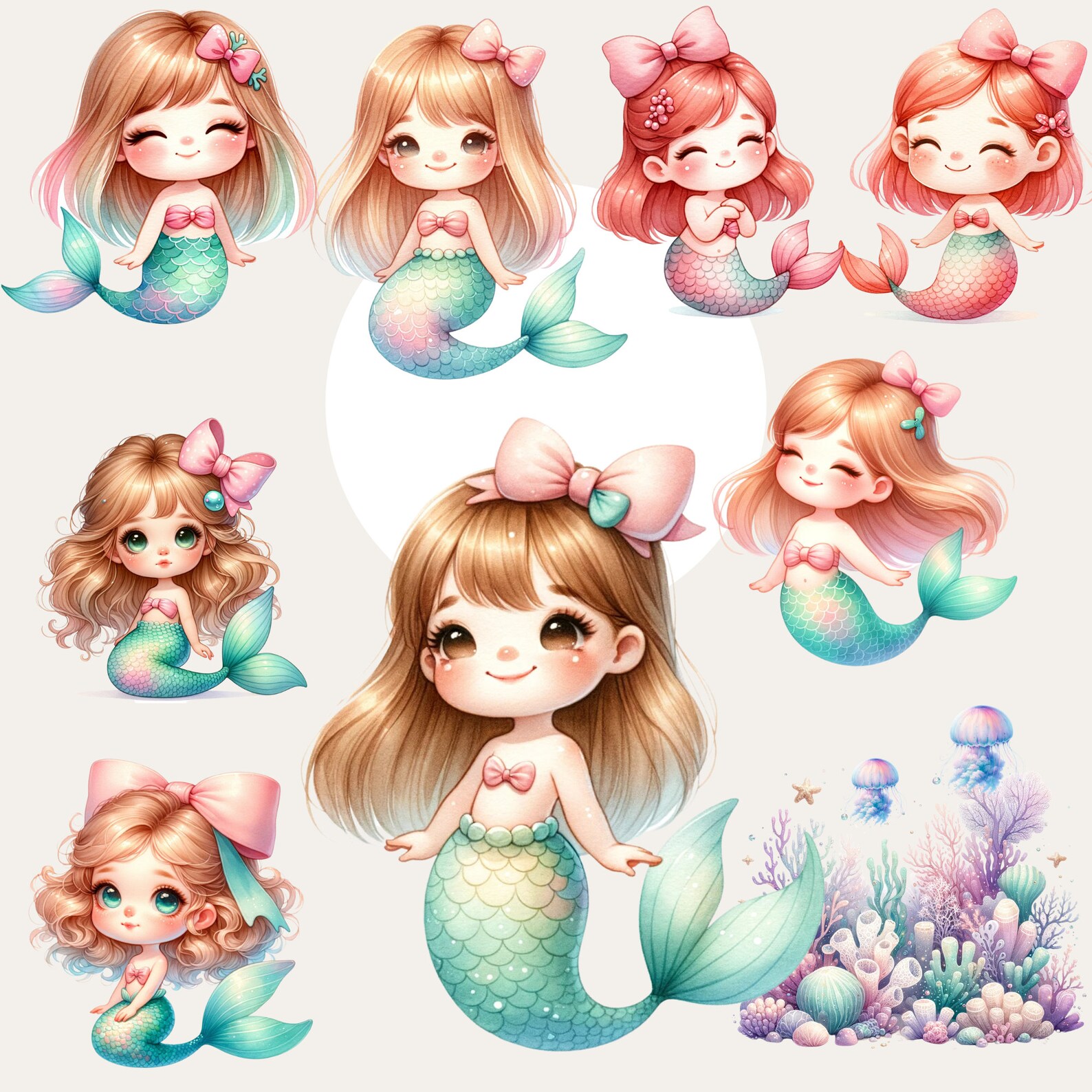 Watercolor Mermaid Clipart Bundle, Mermaid Clip Art Set, Cute Mermaids ...