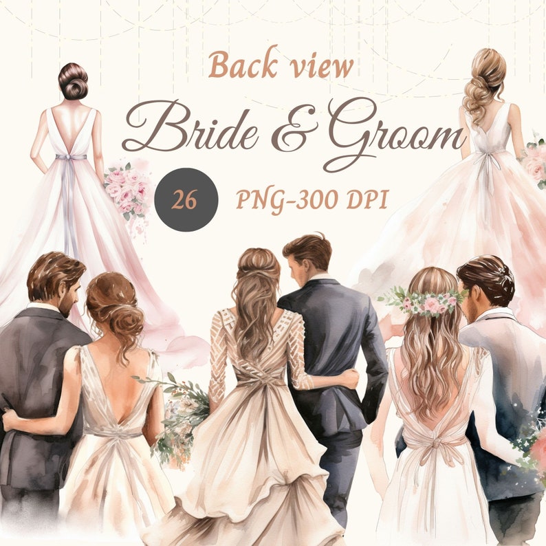 Back Bride and Groom Watercolor Cliparts, Wedding PNG ,marriage Clipart ...