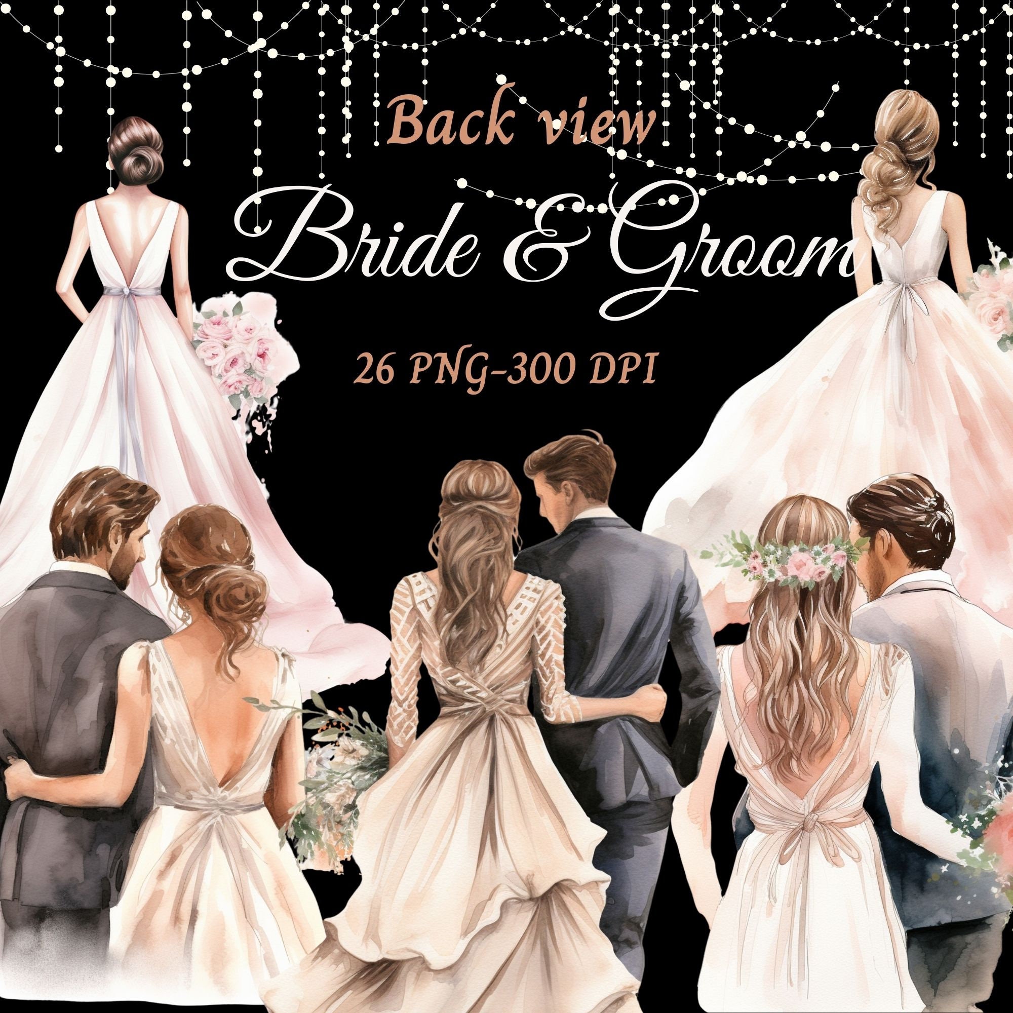 Back Bride and Groom Watercolor Cliparts, Wedding PNG ,marriage Clipart ...
