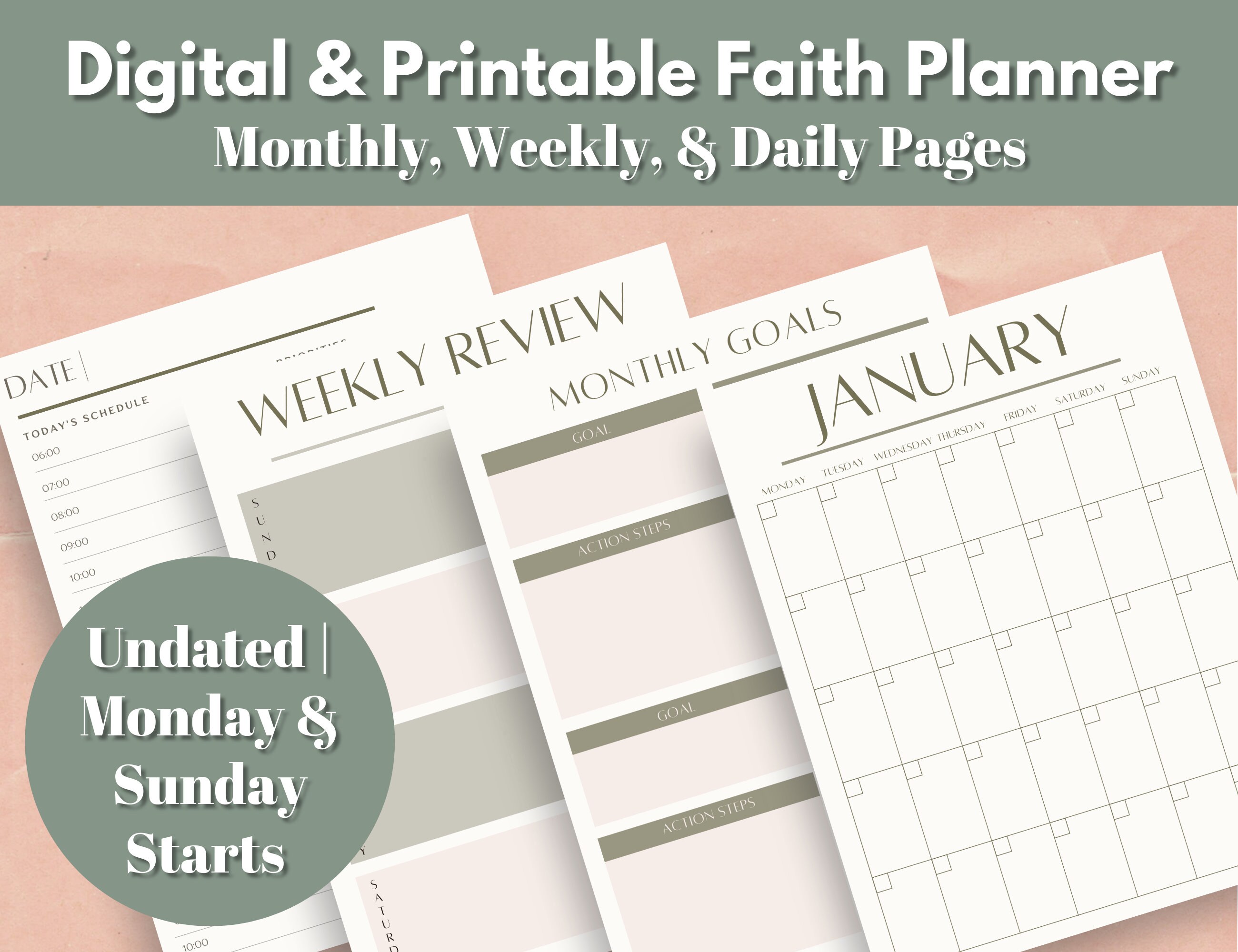 Digital and Printable Faith Planner Pages | Minimalist Green Christian ...