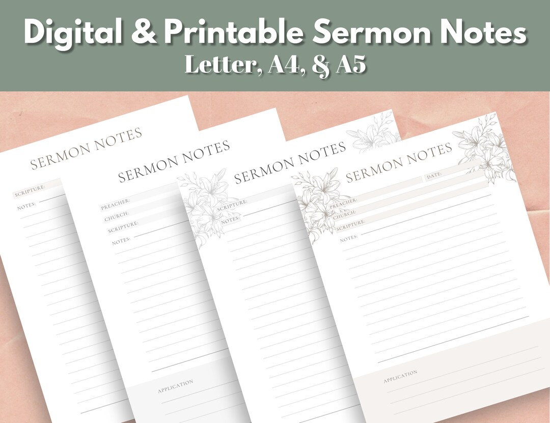 Printable and Digital Sermon Note Sheets, Letter, A4, & A5 Church ...