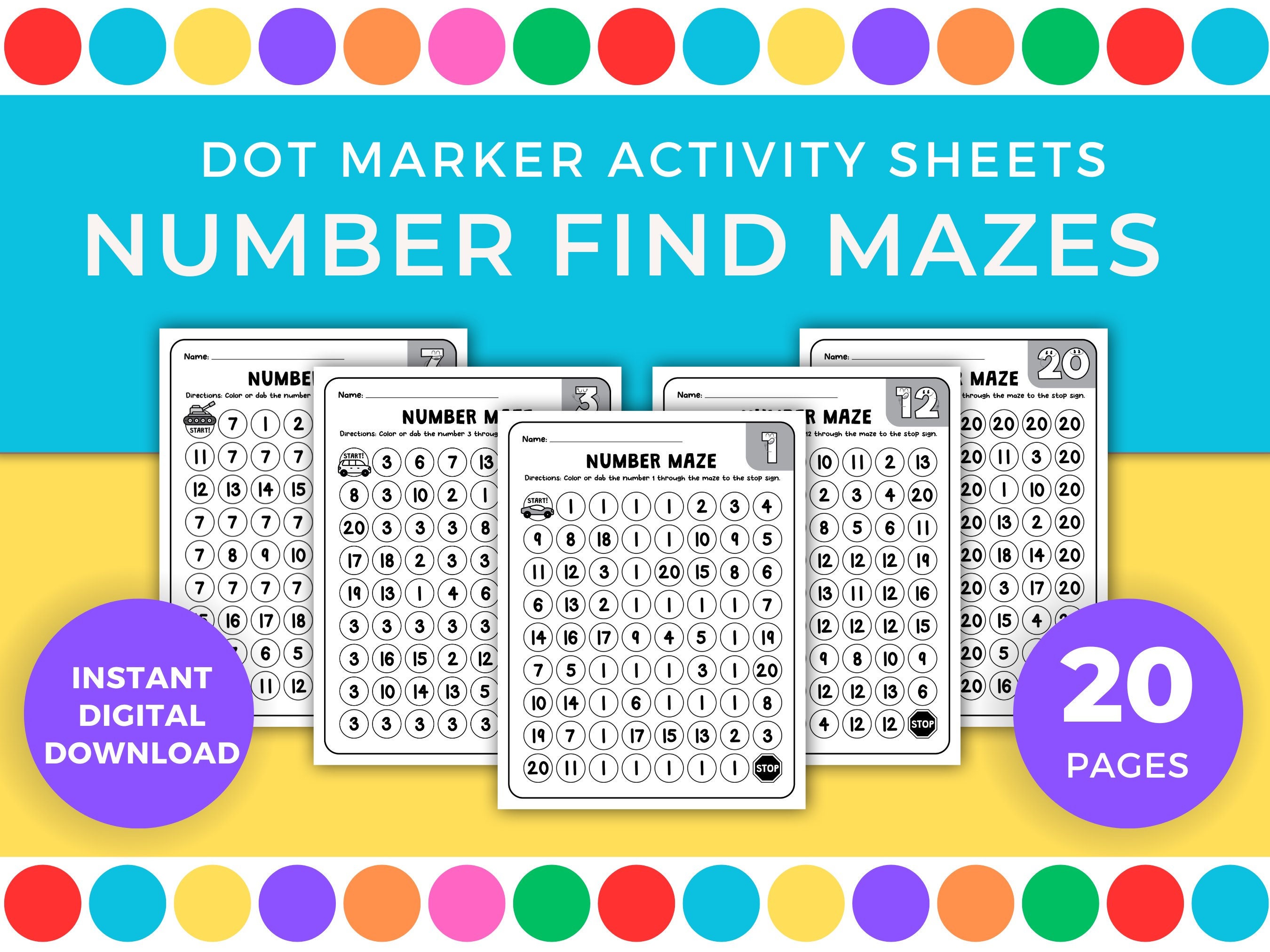 Find the Number Dot Marker Maze Activity for Learning Numbers 1-20 ...