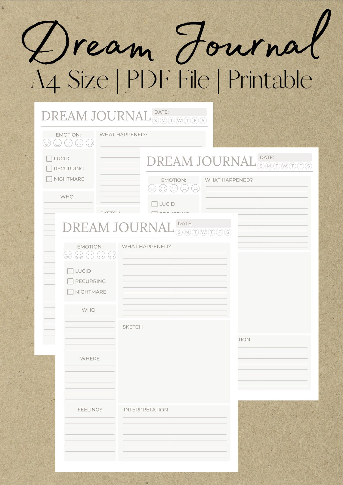 Printable Dream Journal PDF – Digital Download, Nighttime Reflection ...
