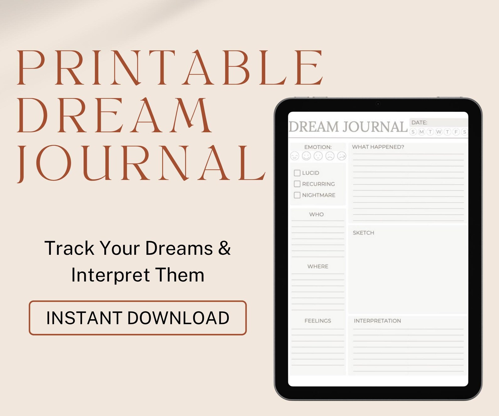 Printable Dream Journal PDF – Digital Download, Nighttime Reflection ...