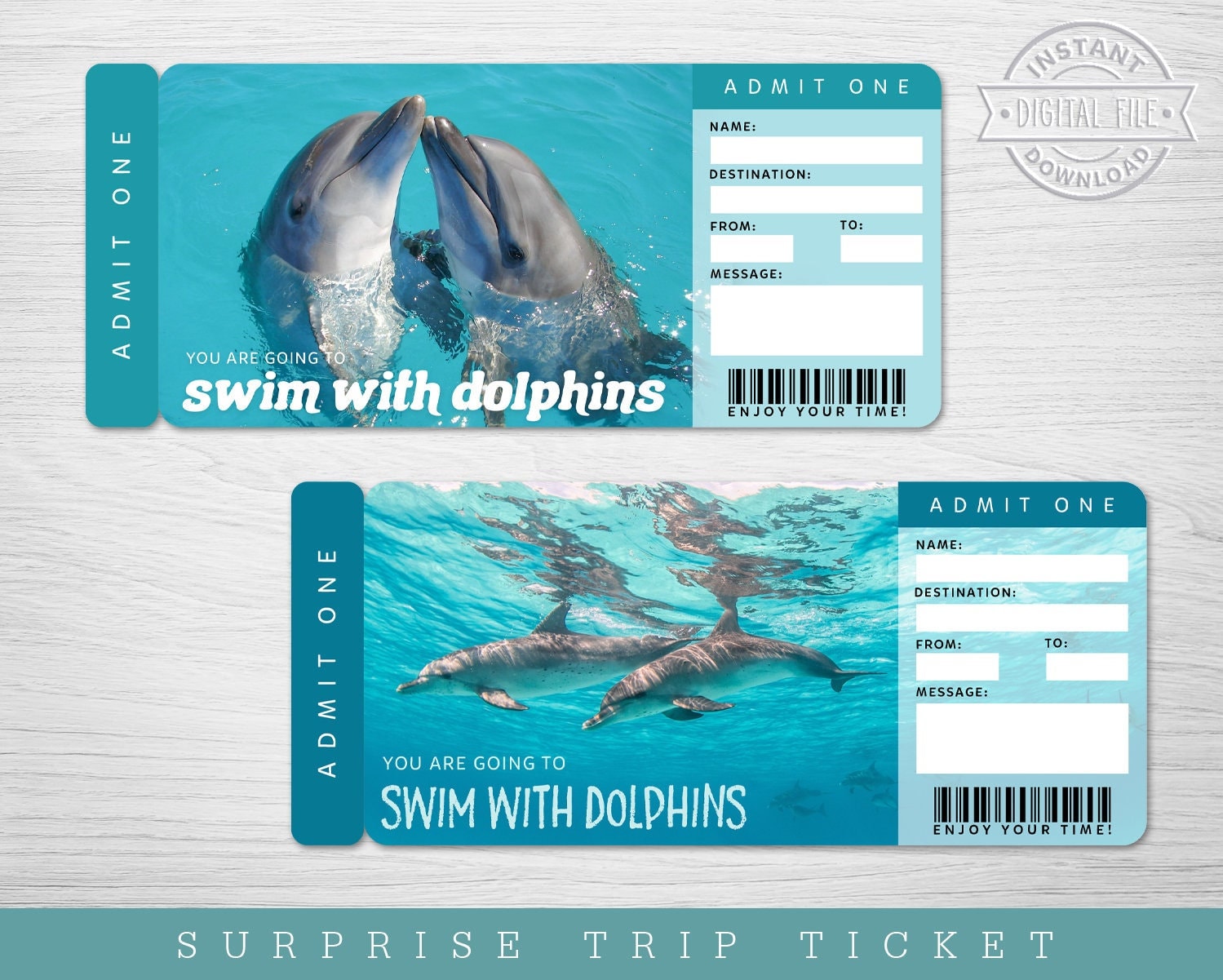 Paper Stationery Swim with Dolphins Trip Reveal Tickets Editable ...