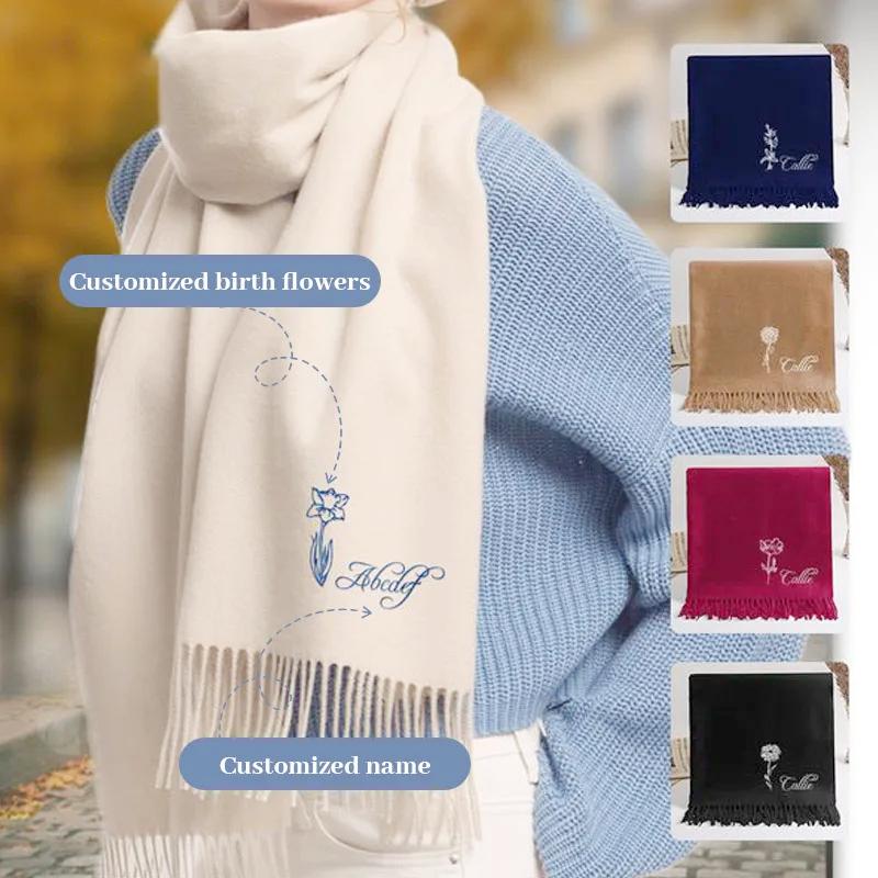 Personalized Embroidered Birth Flower Name Winter Scarf, Custom Initial ...