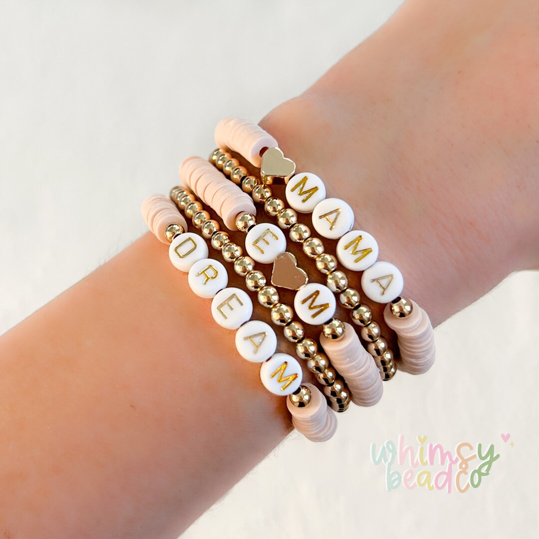 14kt Gold Filled Personalized Beige Pink & Gold Mama Bracelet Stack Create Your Own Stack Boho ...