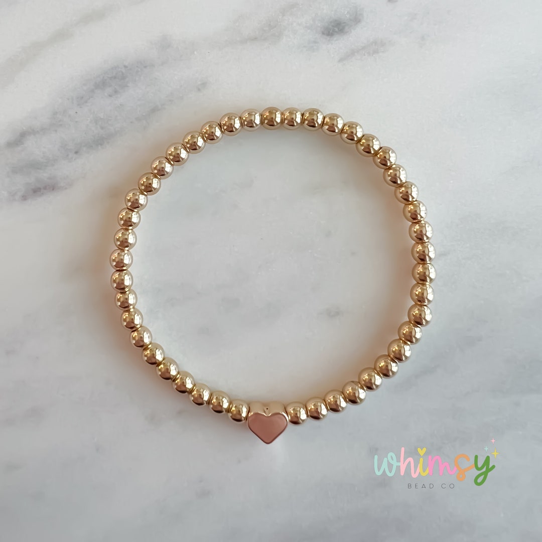 14kt Gold Filled | 4mm Gold Metal Ball Stackable Bracelet With Heart - Etsy