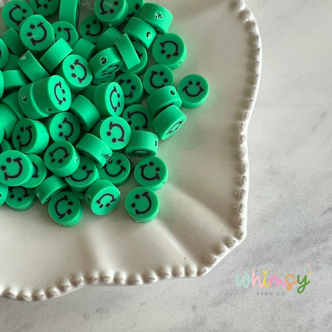 Green Smiley Face Polymer Clay Beads | Smiley Face Bead | Clay Bead - Etsy