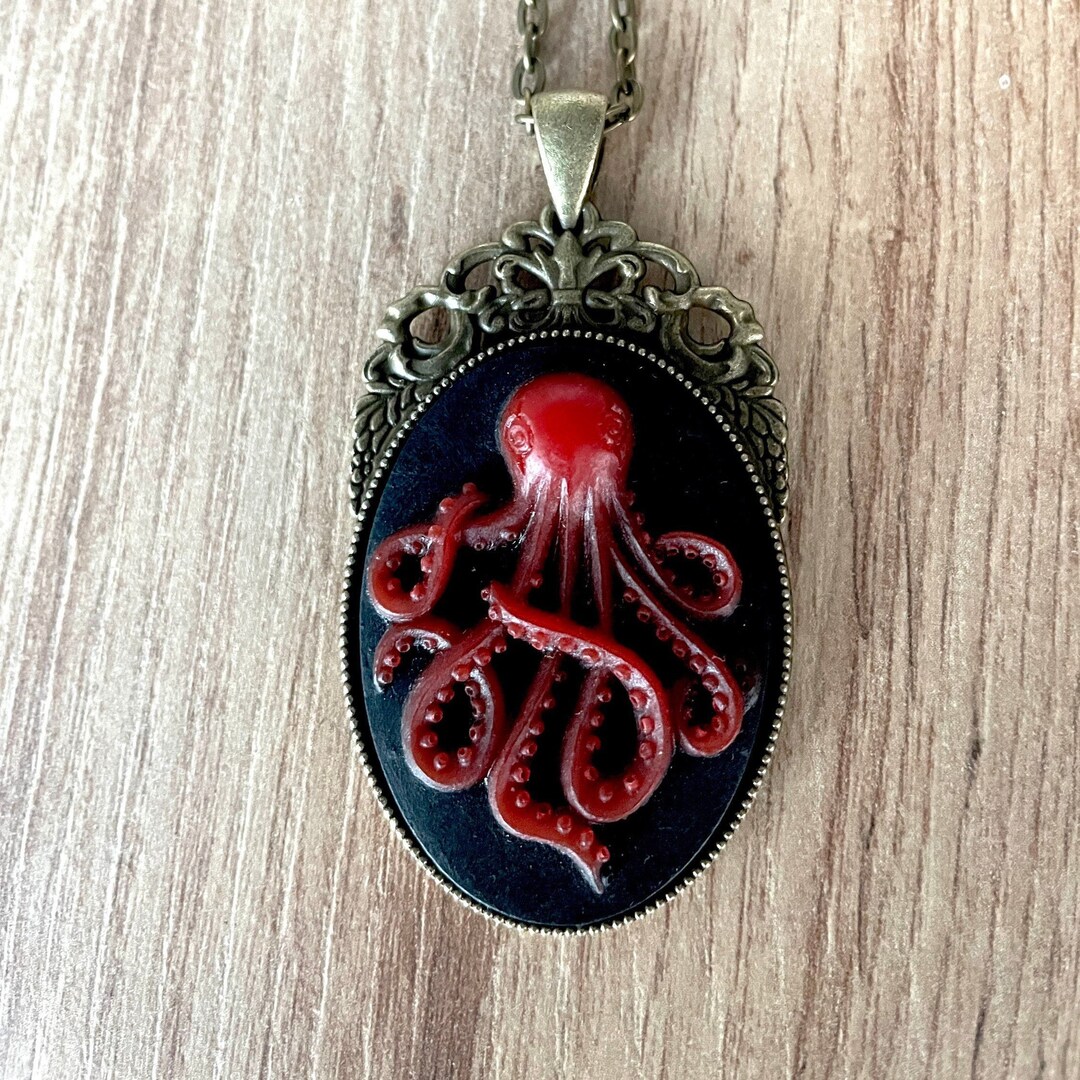 Black and Red Octopus Cameo Victorian Style Necklace, Steampunk Bridal ...