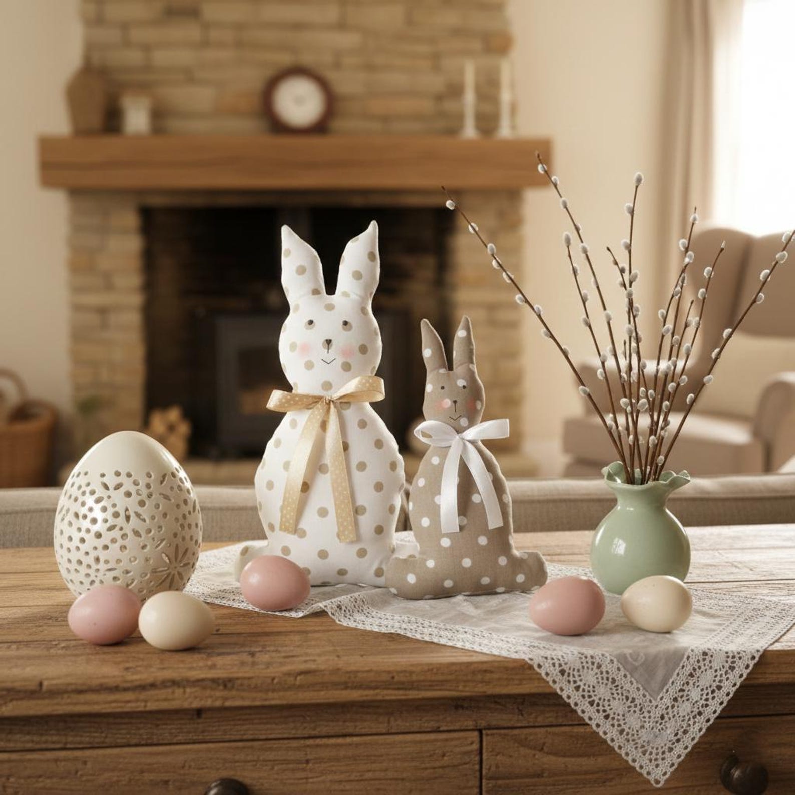 Neutral Easter Bunny Decor Set, Beige and White Fabric Rabbits ...