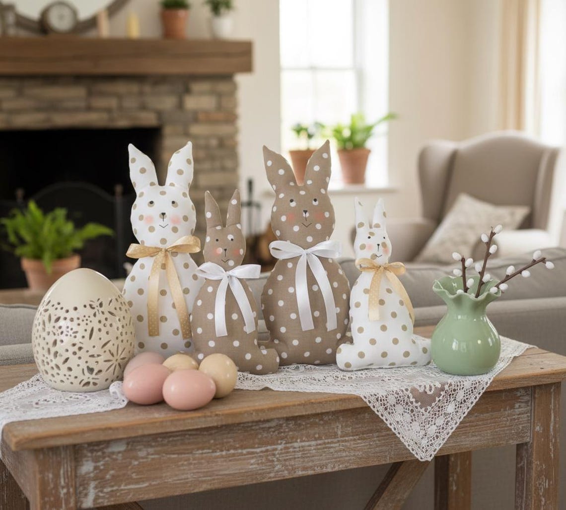 Neutral Easter Bunny Decor Set, Beige and White Fabric Rabbits ...