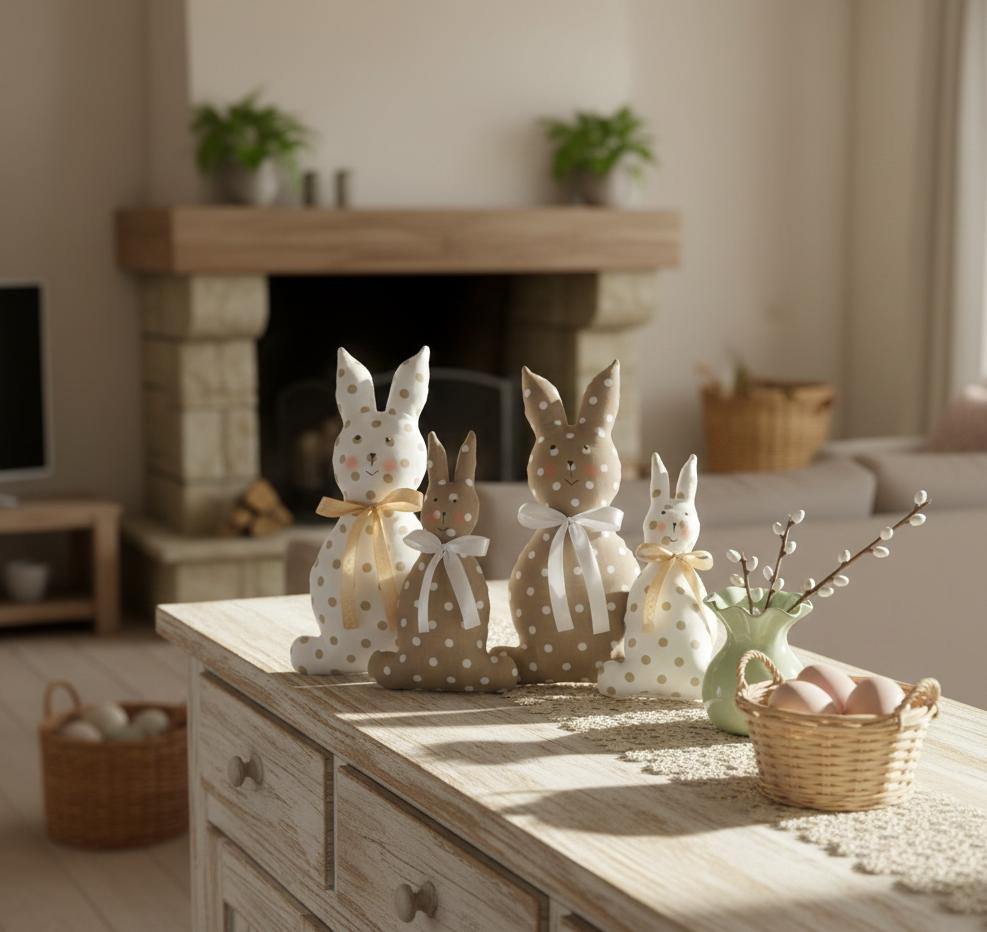 Neutral Easter Bunny Decor Set, Beige and White Fabric Rabbits ...