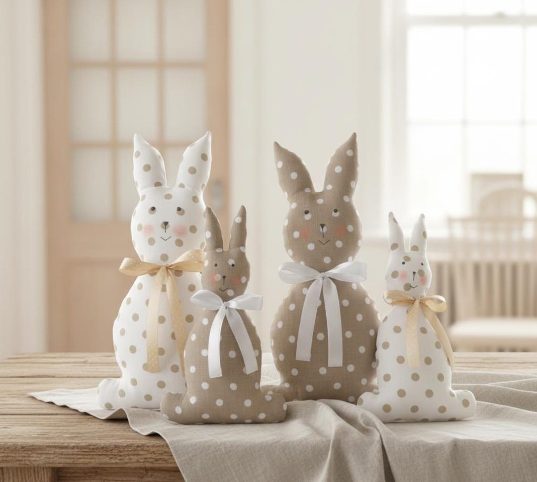 Neutral Easter Bunny Decor Set, Beige and White Fabric Rabbits ...