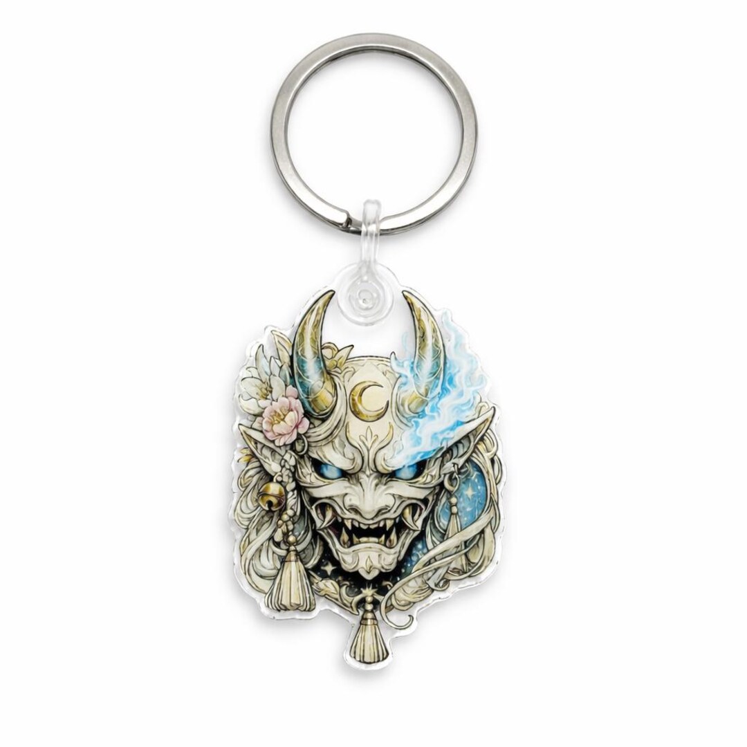 Oni Mask Acrylic Keychain | Japanese Demon Keychain Charm | Blue Flame ...