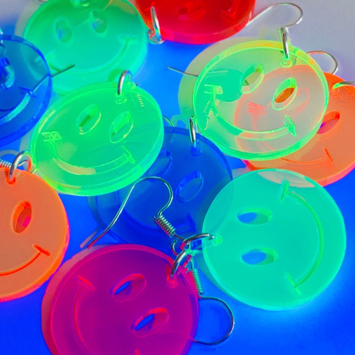 Smileys Smiley Face Neon Uv Active Glow Light Acrylic Earrings - Etsy