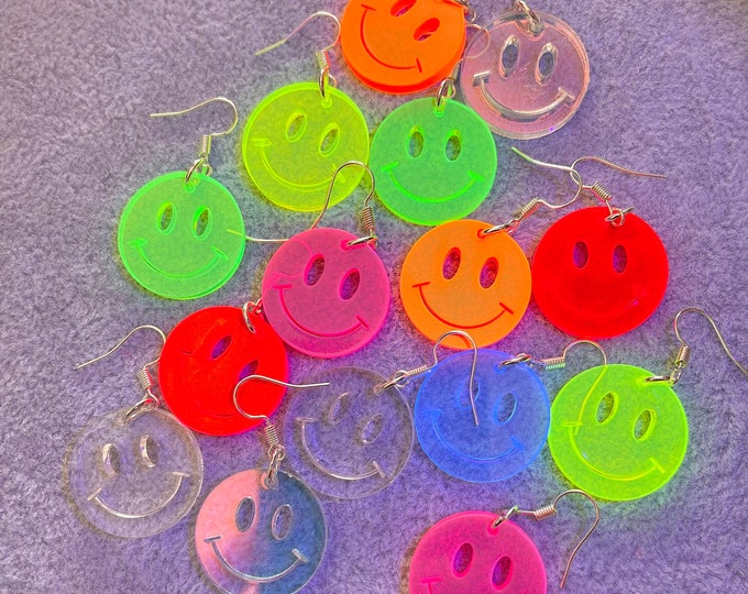 Smileys Smiley Face Neon Uv Active Glow Light Acrylic Earrings - Etsy UK