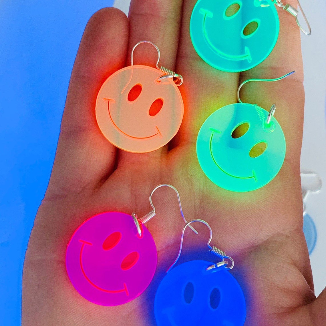 Smileys Smiley Face Neon Uv Active Glow Light Acrylic Earrings | Etsy