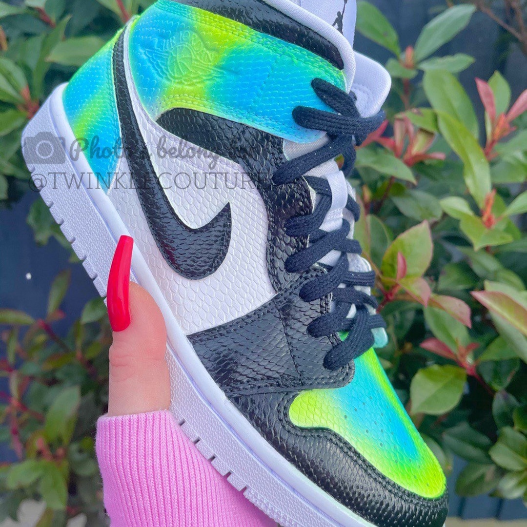 Custom Air Brushed Neon Yellow Green Black Jordan 1 Mid High Top ...