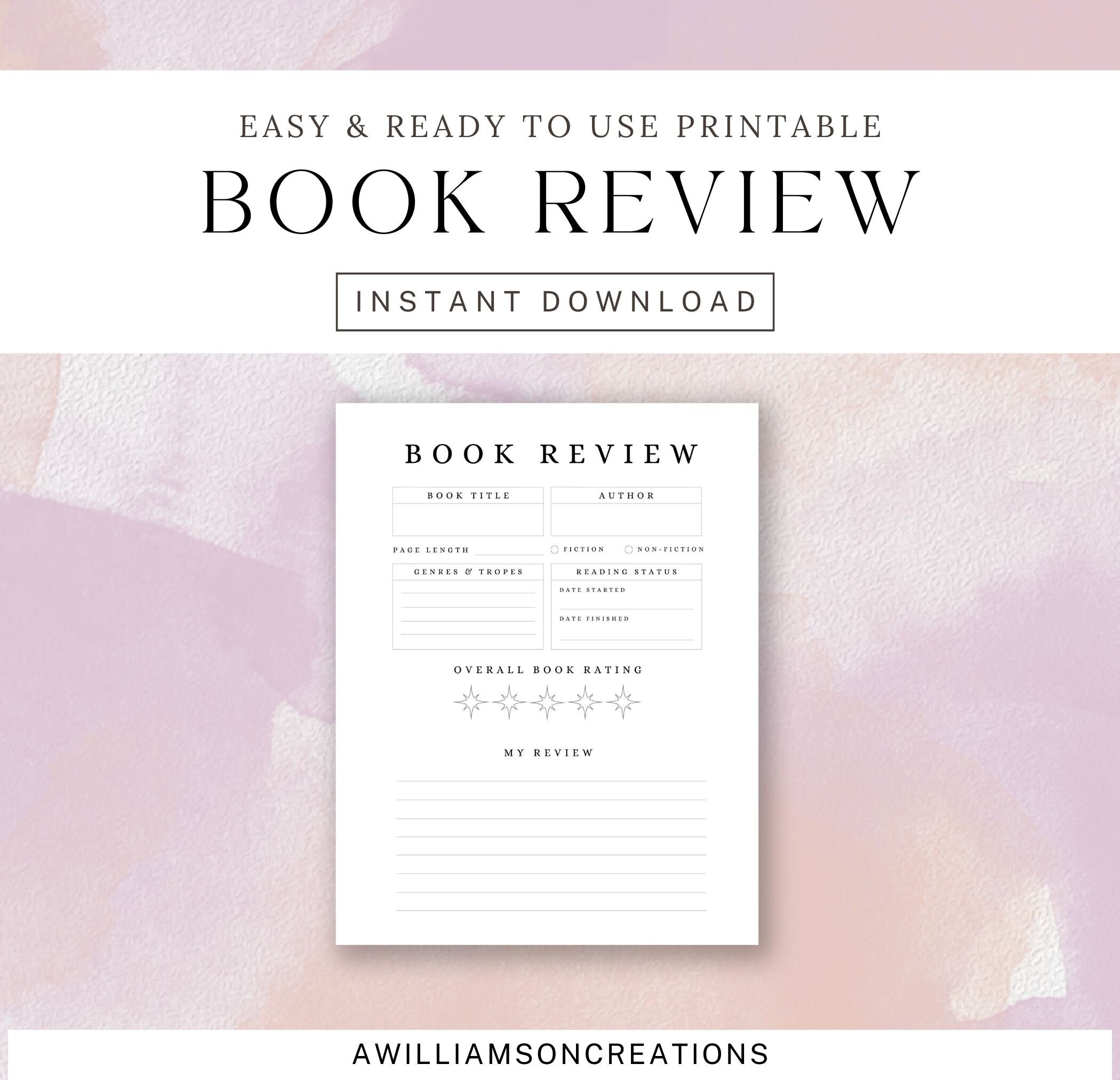 Book Review | Reading Review Template | Book Journal | Simple | Reading ...
