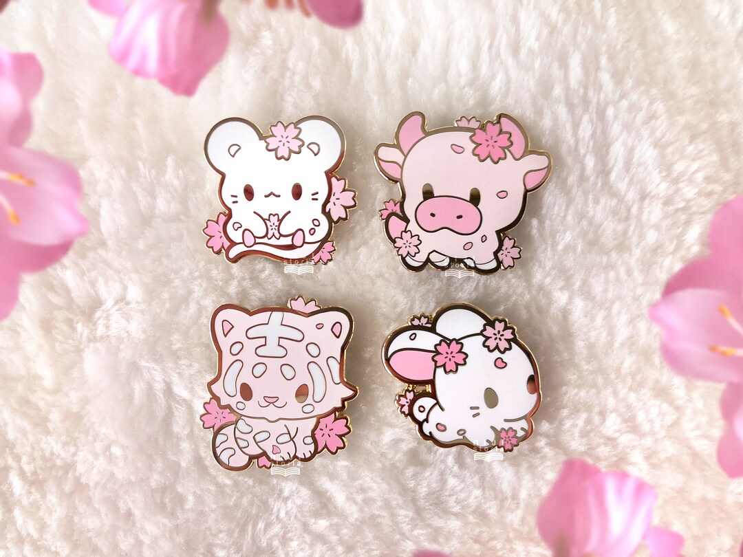 Cute Pastel Pink Sakura Flowers Cherry Blossom Animals Enamel Pins ...